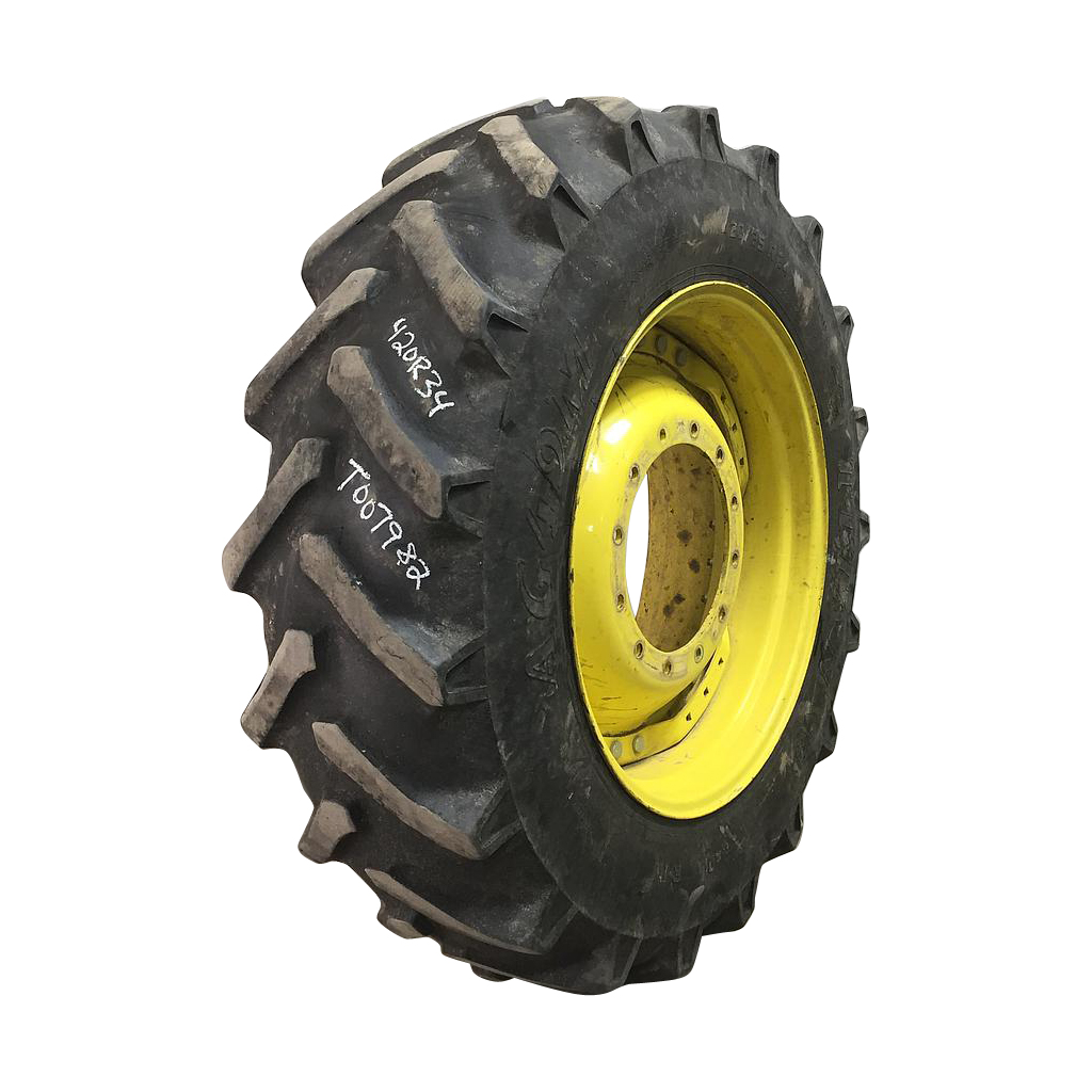 420/85R34 Titan Farm AG49M Radial R-1W on John Deere Yellow 12-Hole Waffle Wheel (Groups of 3 ...